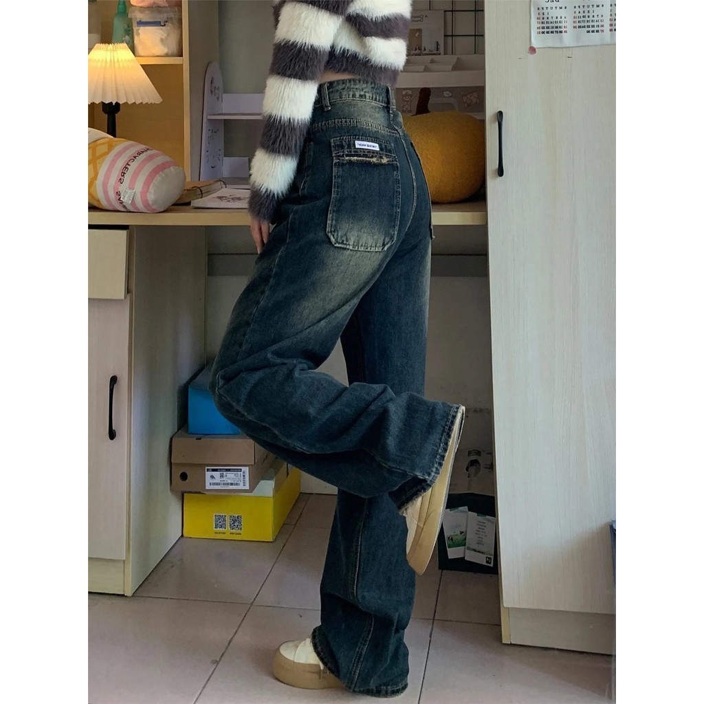 Retro Light-Colored Jeans Women's Spring Loose Straight Wide-Leg Pants ...