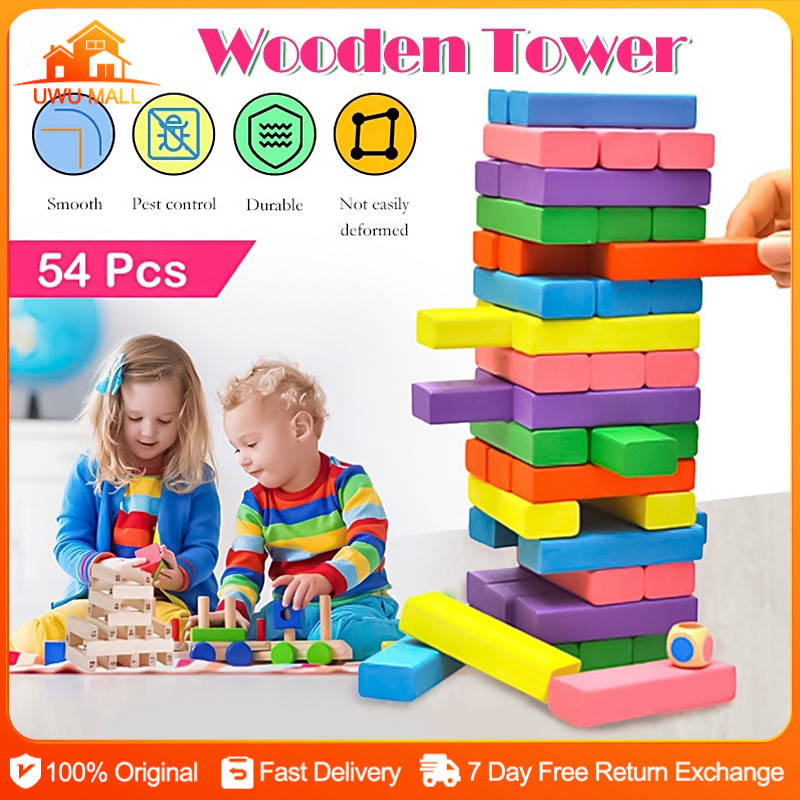 54Pcs Wooden Toy Building Blocks Stacking Tower Building Blocks Kids ...