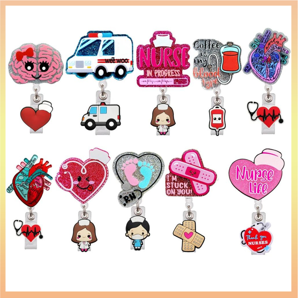 Medical Acrylic Glitter Pill Heart Retractable Badge Reel Rotatable ...