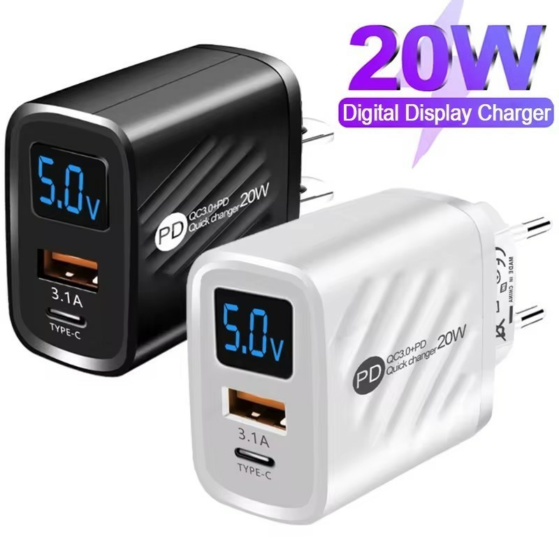 Digital Display LED Phone Charger - EU/US Plug Travel Type-C Charger ...