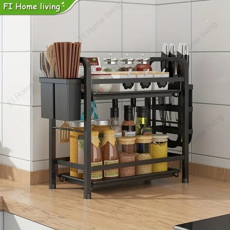 Black spice rack organizer carbon steel coating multi-purpose kitchen ...