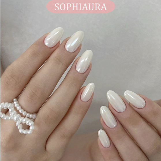 SOPHIAURA Handmade Fake Nails Pearlescent White Solid Color Short Oval ...