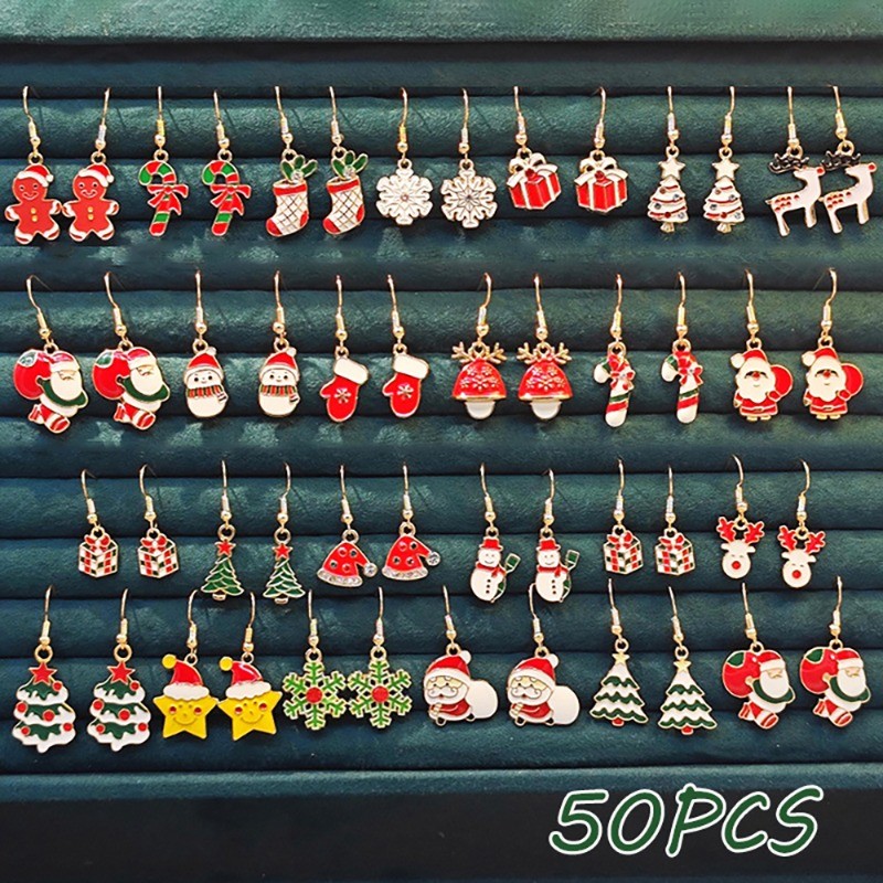 50PCS Christmas Earrings Cartoon Dripping Oil Snowflake Santa Claus ...