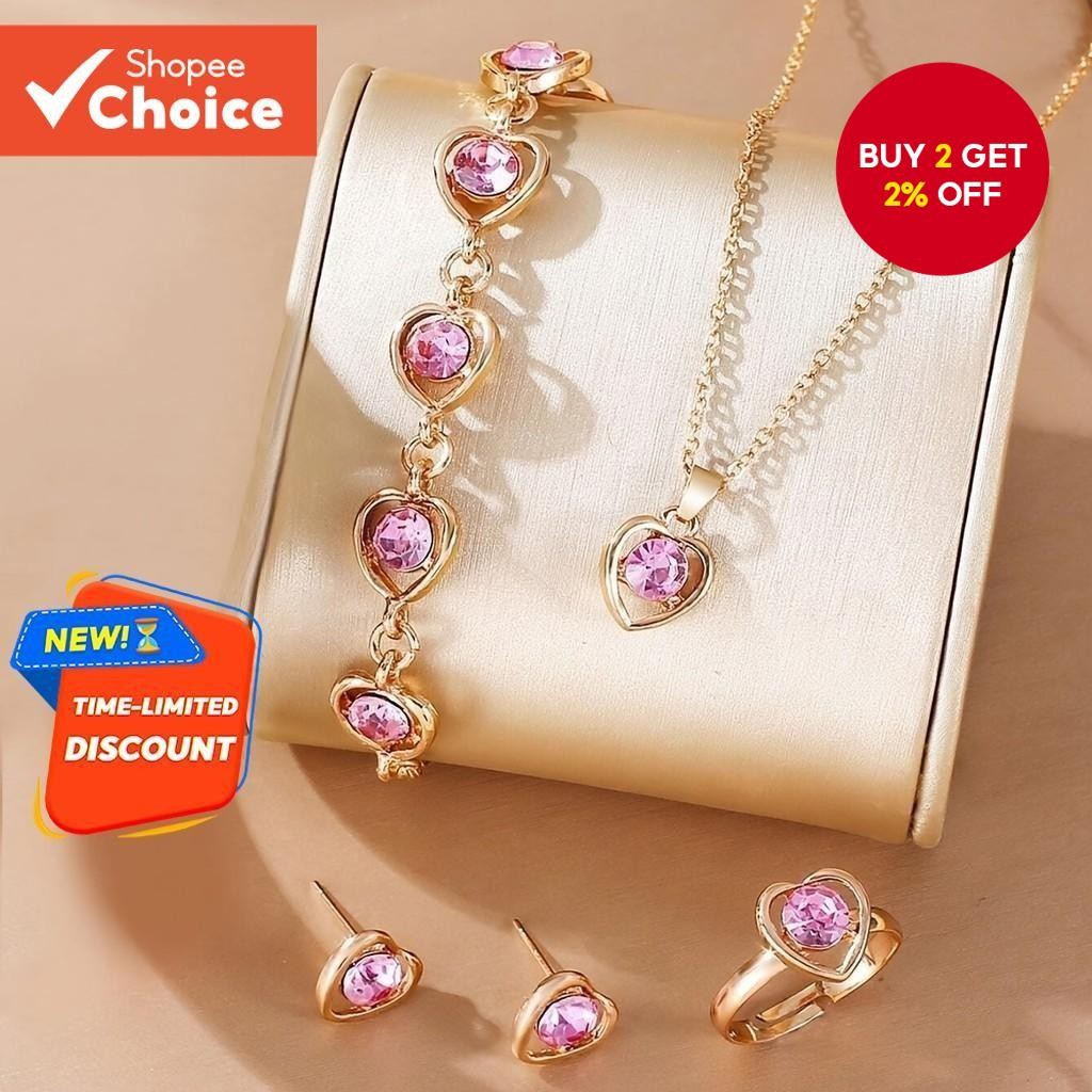 5Pcs Pink Zirconia Jewelry Set Hollow Sparkle Bracelet Ring Earrings ...