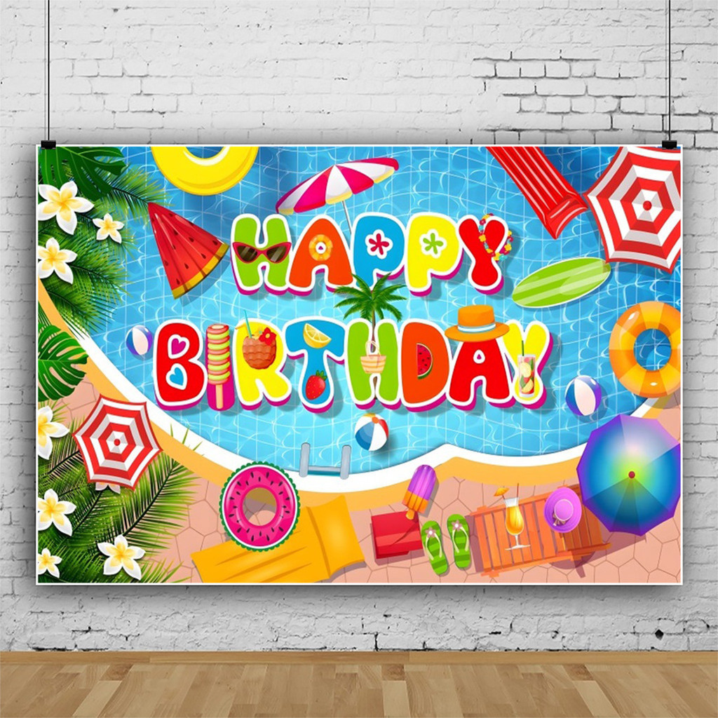 Hello Summer Pool Party Backdrop Tropical Swimming Ring Balls Hawaiian ...