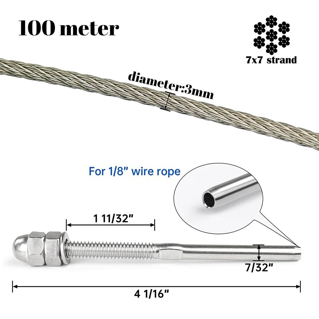 50Pcs Cable Railing Hardware Kit with 100 meter Wire Rope 1/8" Hand ...
