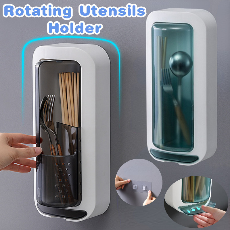 Rotating Utensils Spoon Fork Holder Organizer Storage Drainer Sticker ...