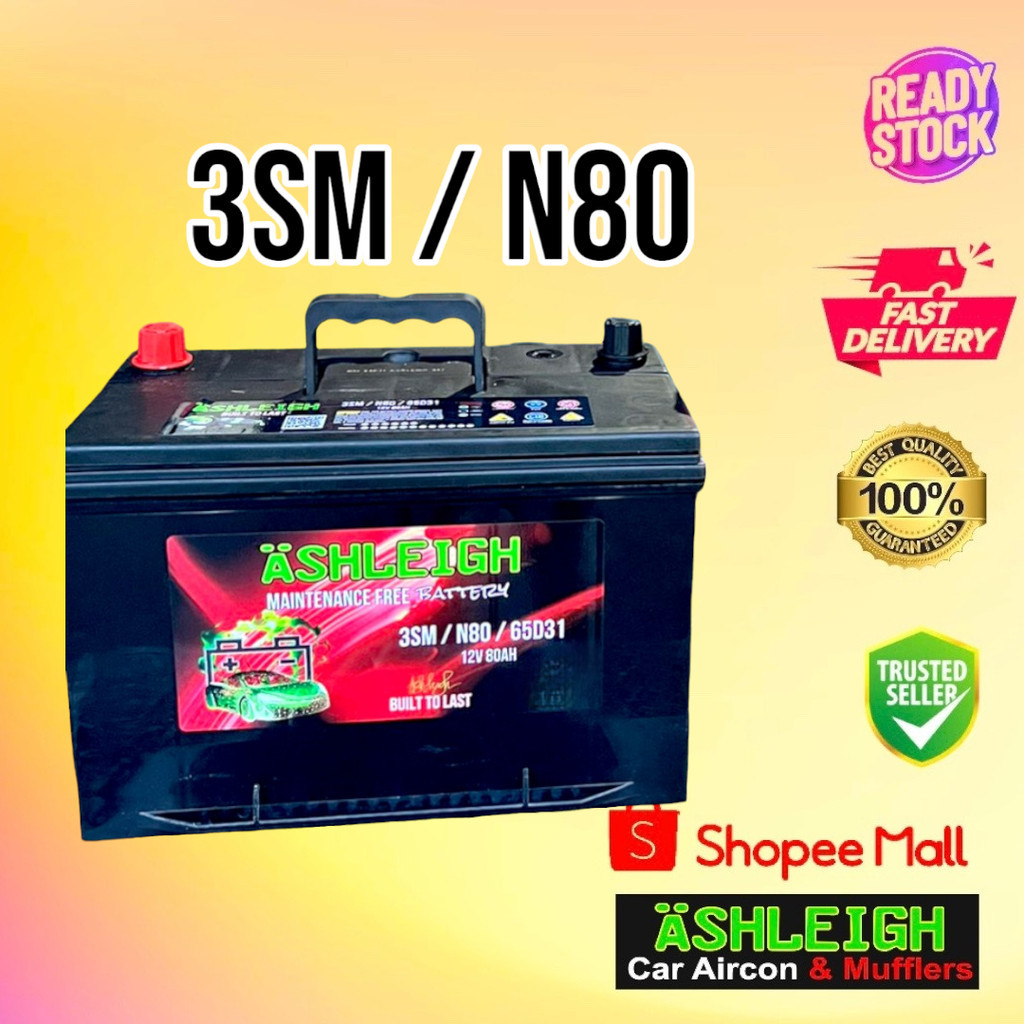 Ashleigh 3SM N80 12v 80AH Car Battery Maintenance Free 65D31 (18mos ...