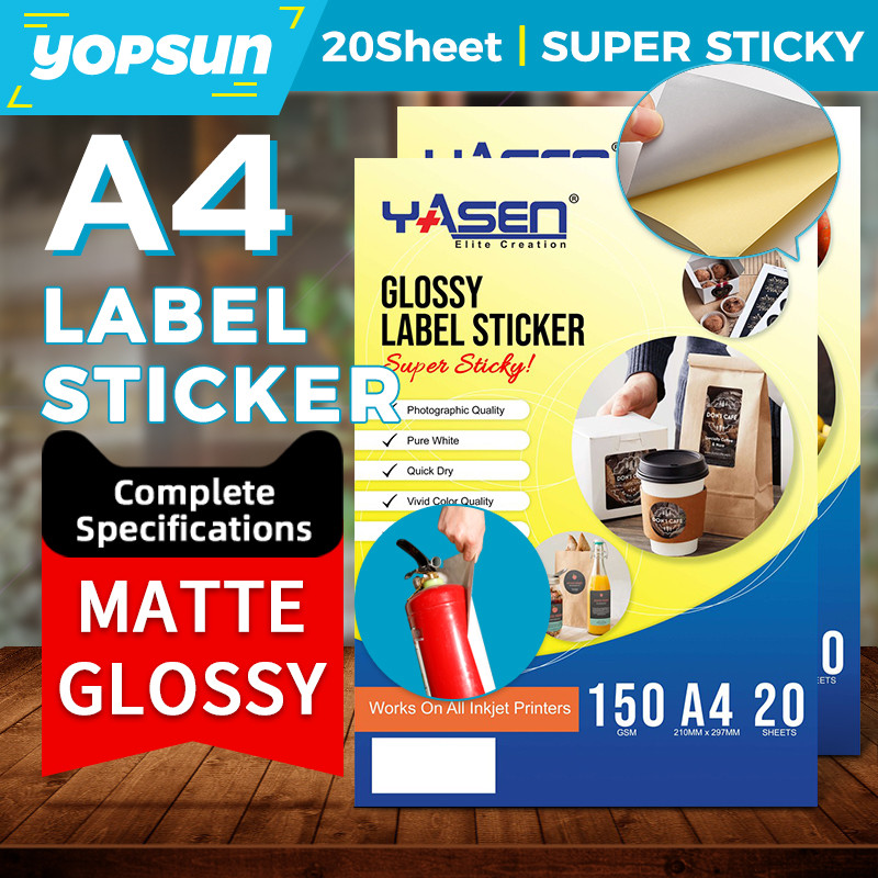 Yasen Glossy/Matte A4 Label Sticker 150GSM 20sheets | Shopee Philippines