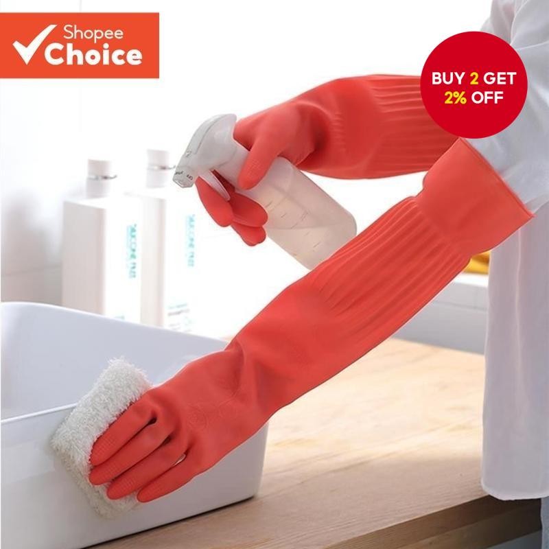 1Pair Lengthen Dishwashing Cleaning Gloves Latex Rubber Waterproof Work ...