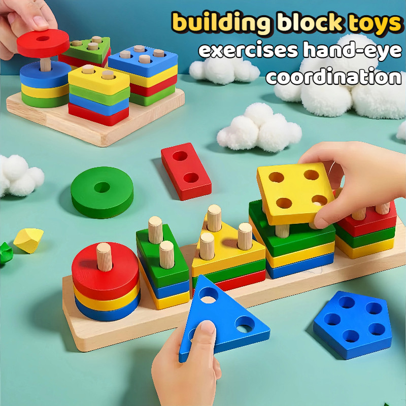 Wooden Puzzle Toys Kids Baby Shape Color Sorting Stacking Building ...