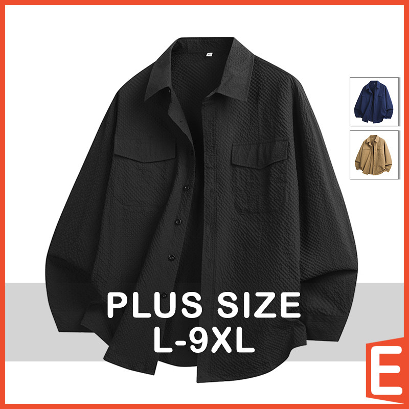 [L-9XL] Plus Size Seersucker Shirt Men Plain Casual Loose Collar Long ...