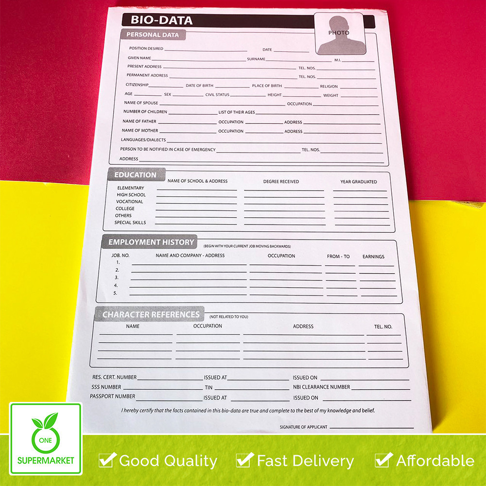 One Supermarket Good Quality Bio-Data Personal Data Application Form ...