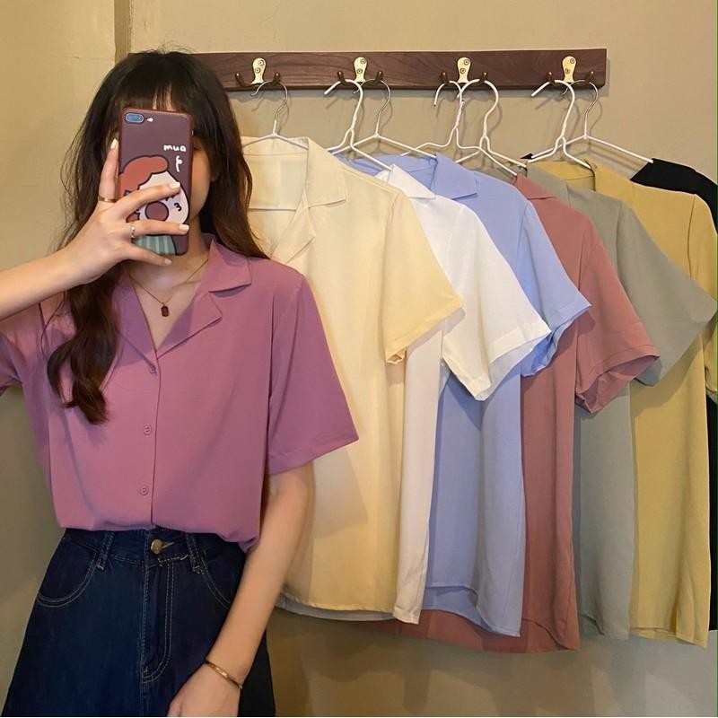 Women's korean style plain color loose tops short sleeve shirt ...