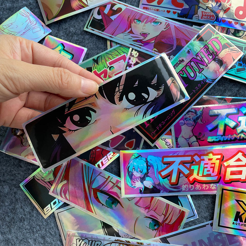 JDM Reflective Stickers Girl Anime Heart Eyes Waifu Ecchi Laser Decal ...