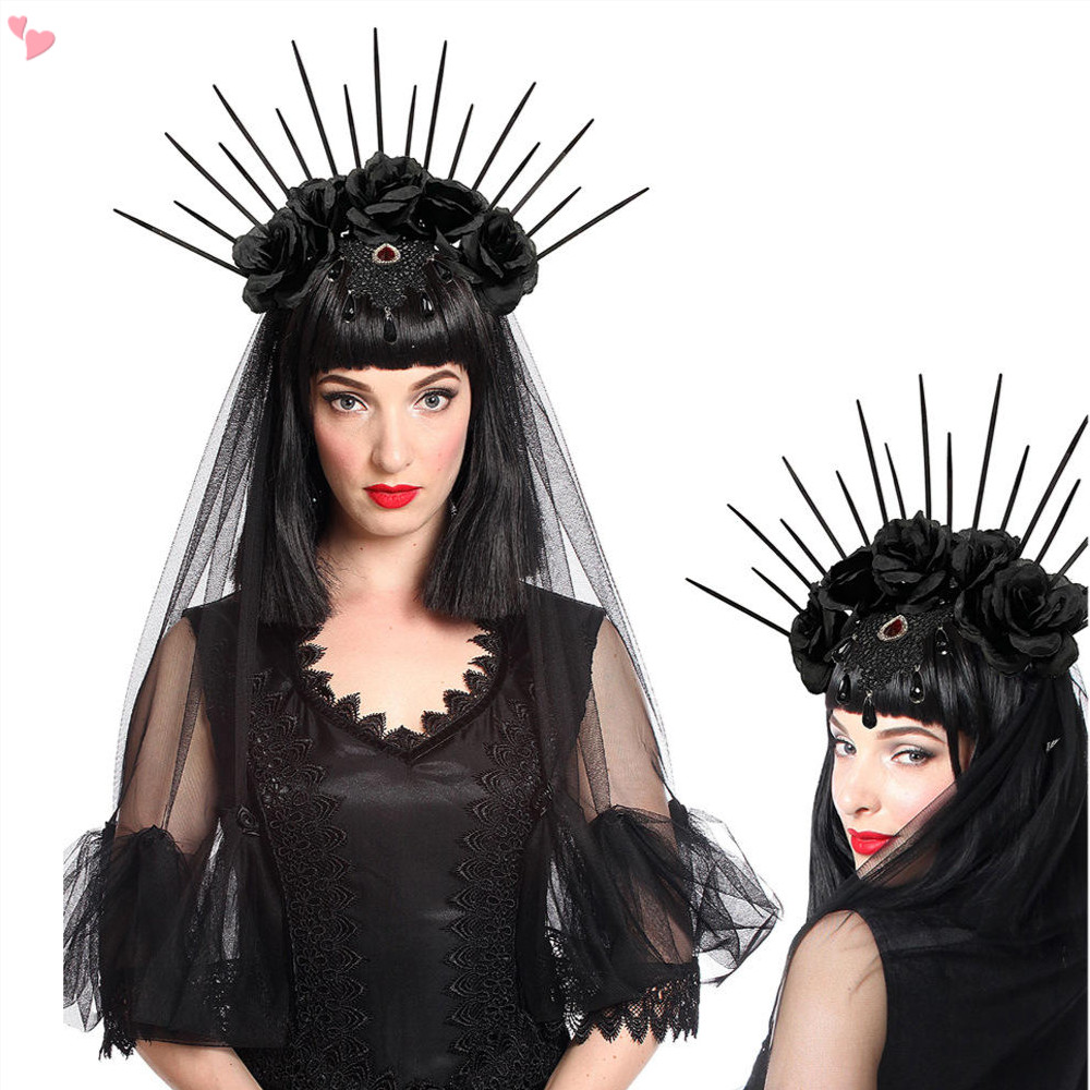 Halloween Black Rose Crown with Black Veil Gothic Crystal Spiked Halo ...