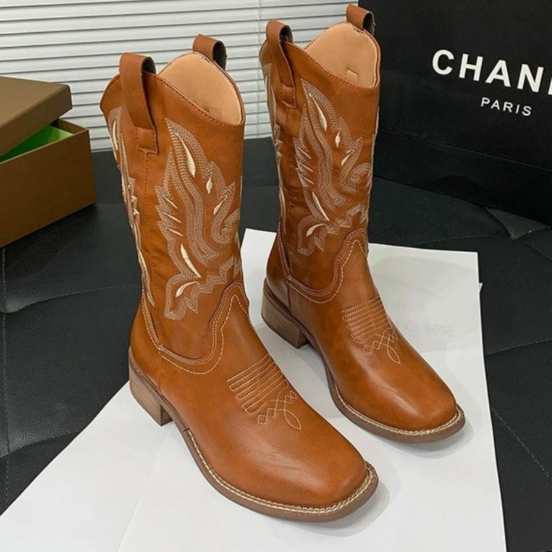 New Women Coffee Brown Embroidery Boots PU Leather Printed Western ...