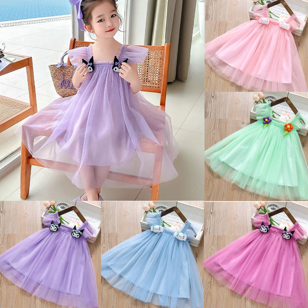 Kuromi Fly Sleeve Dress Girls Mesh Skirt Dress Thin Suspender Princess ...