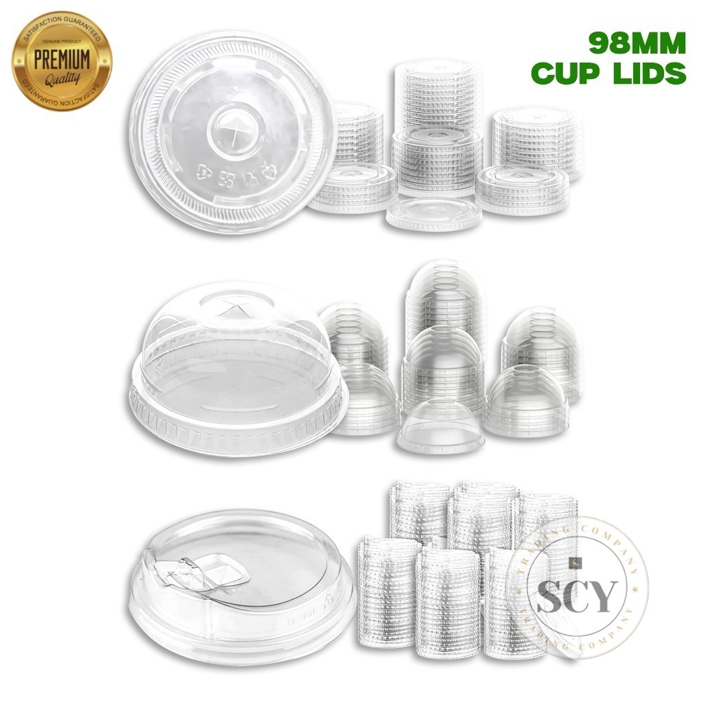 SCY 100pcs 90mm 98mm Cup Lid Dome Flat Strawless Disposable Lids For Milktea Iced Coffee Frappe ...