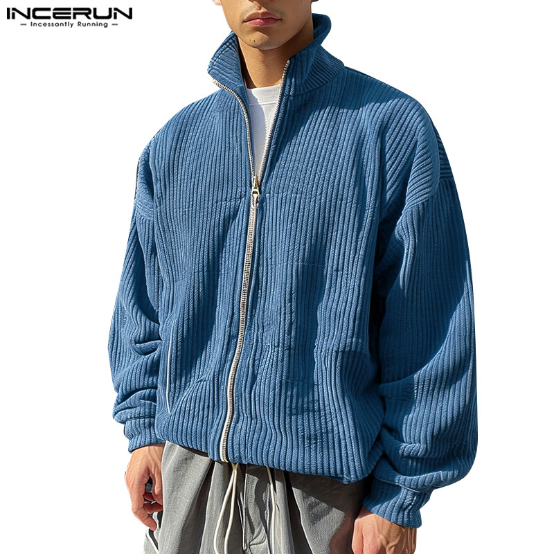 INCERUN Men Vintage Casual Striped Solid Color Loose Turtleneck Jackets ...