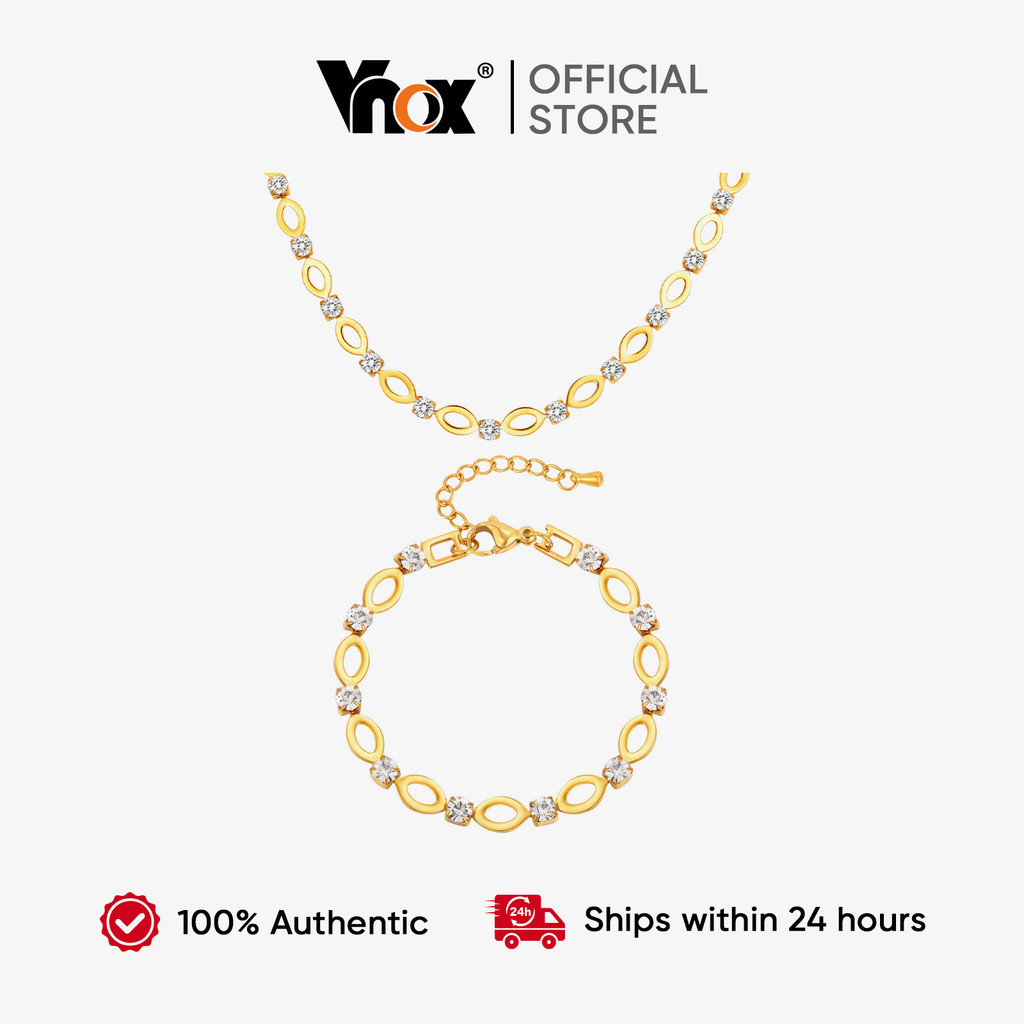 Vnox Zircon Cubic Handmade Chains Bracelet Necklace Set for Women,Gold ...