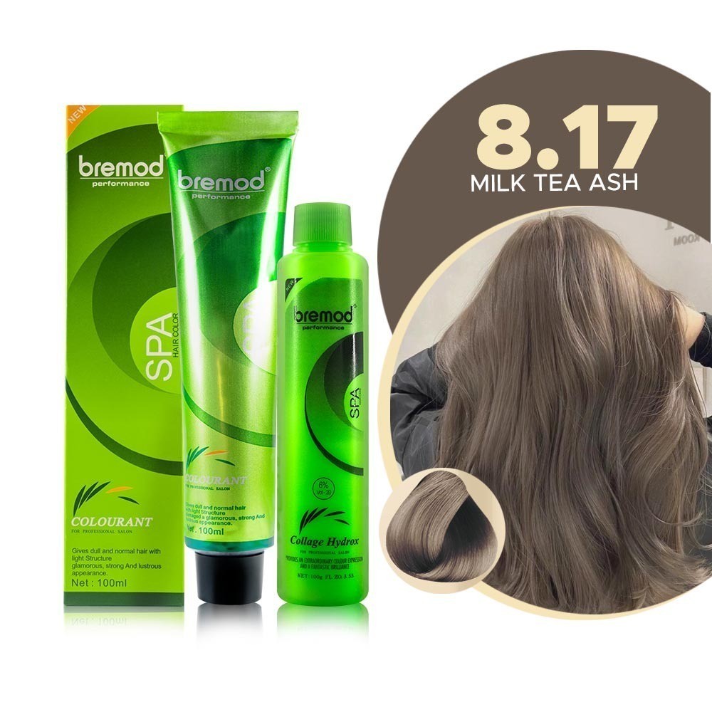 Bremod Hair Color 8.17 Milk Tea Ash 100mL with Bremod Oxidizer (6%, 9% ...