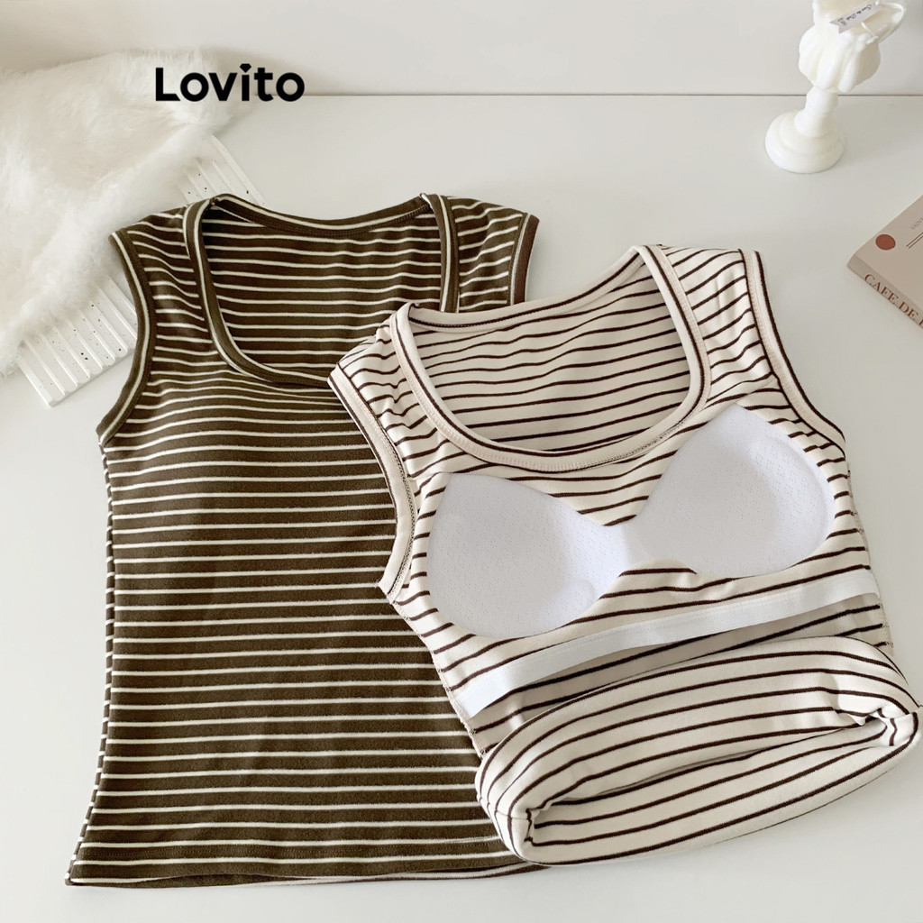 Lovito Women Casual Striped Chest Pad Tank Top L74ED245 | Shopee ...