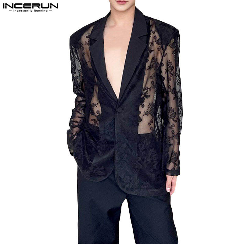 INCERUN Men Korean Premium Design See-through Print Long Sleeve Casual ...