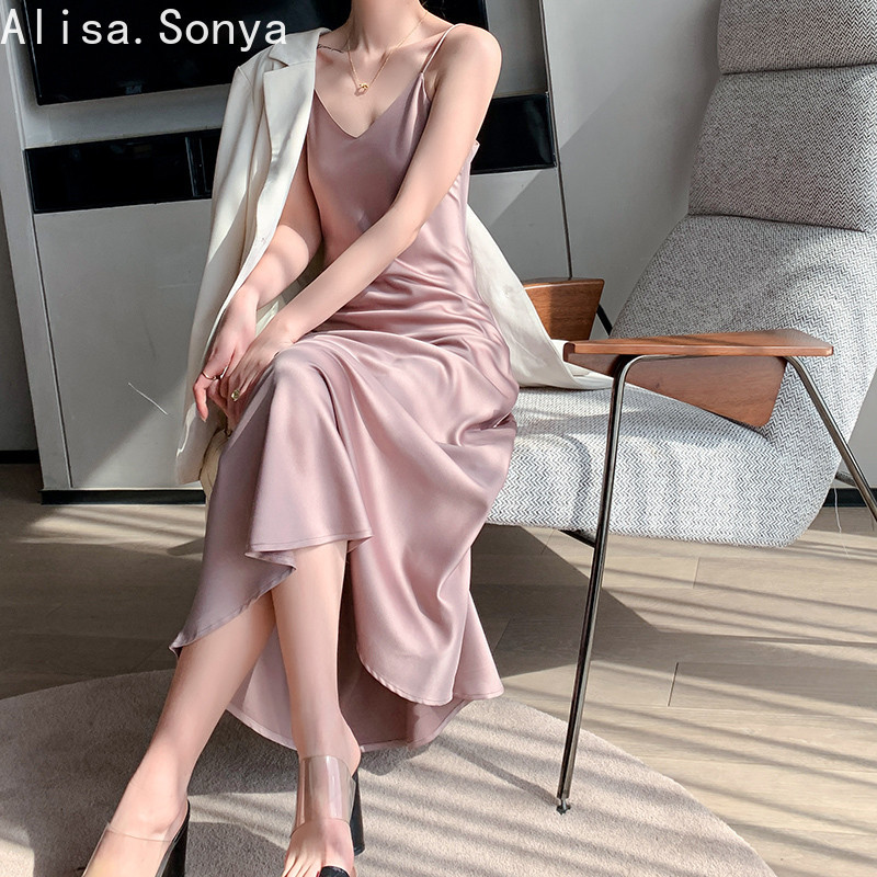 Alisa.Sonya MAXI Slip Dress Plus Size Elegant Sleeveless Plain V neck A ...