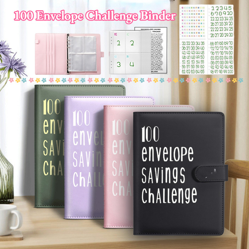 100 Days Envelope Challenge Binder A5 PU Leather Budget Book Reusable ...