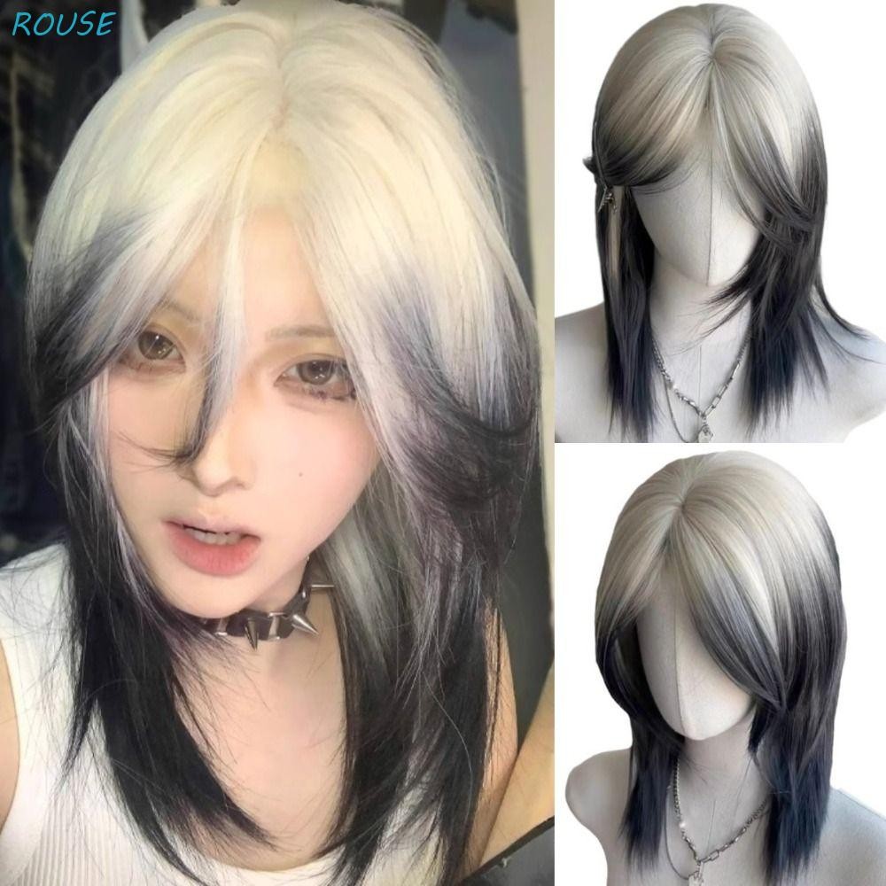 ROUSE Black and White Gradient Wigs, Lolita Cosplay Gothic Style Mullet ...