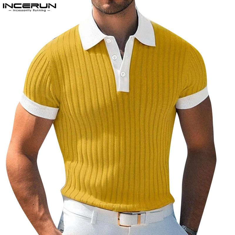 INCERUN Men Korean Fashion Stripes Color Block Neckline Short Sleeve ...