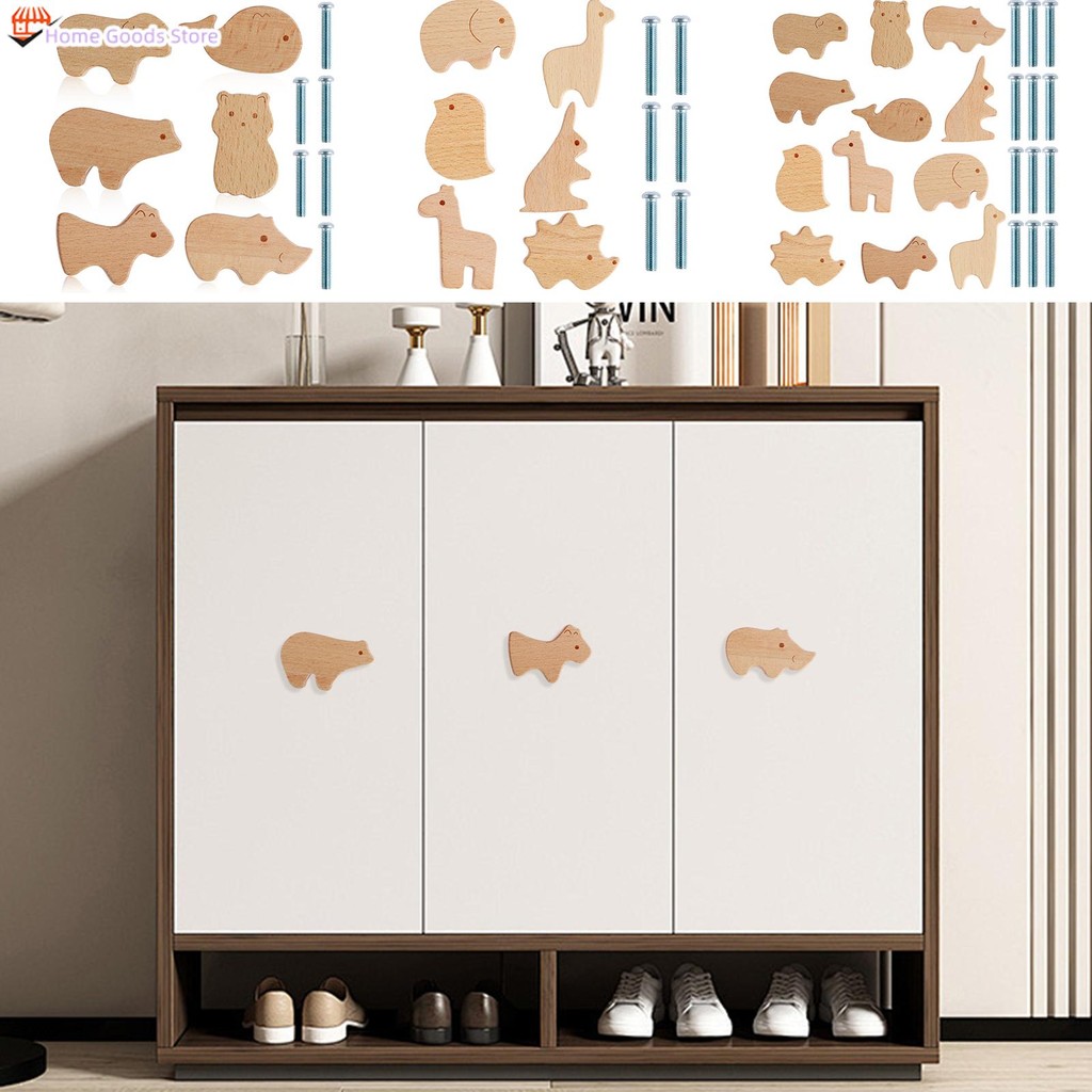 6/12Pcs Wooden Animal Drawer Knobs with Screws Natural Wood Dresser ...