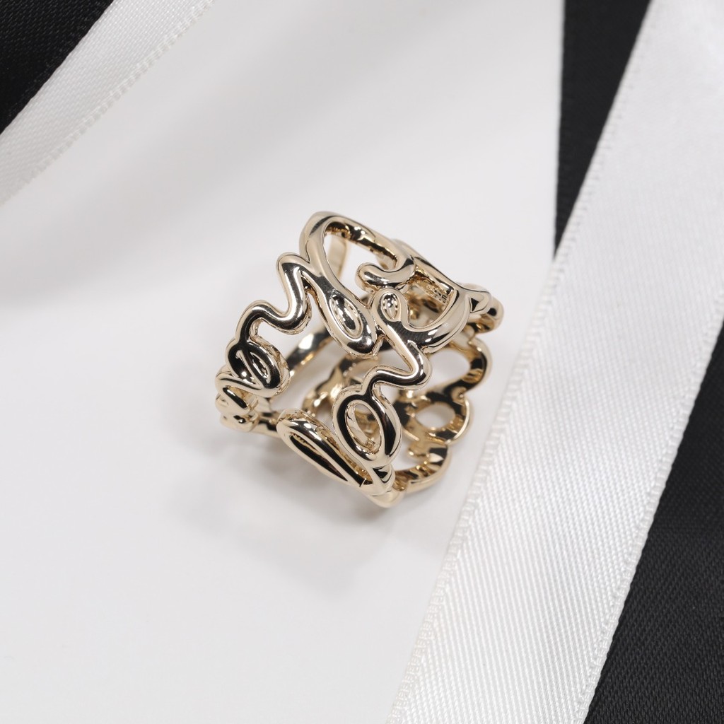 Cha-l Bright Gold Hollow Cursive Letter Double C Rhinestone Ring ...
