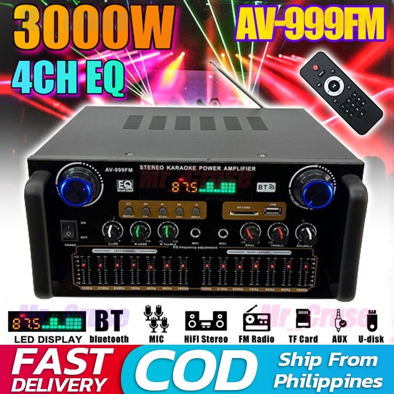 3000W 4 Channel Amplifier With Mixer Equalizer Usb Bluetooth AV-999FM ...