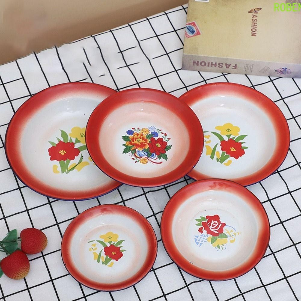 ROBEN Iron Enamel Dish Plate, Iron Enamel Nostalgic Theme Round Enamel ...