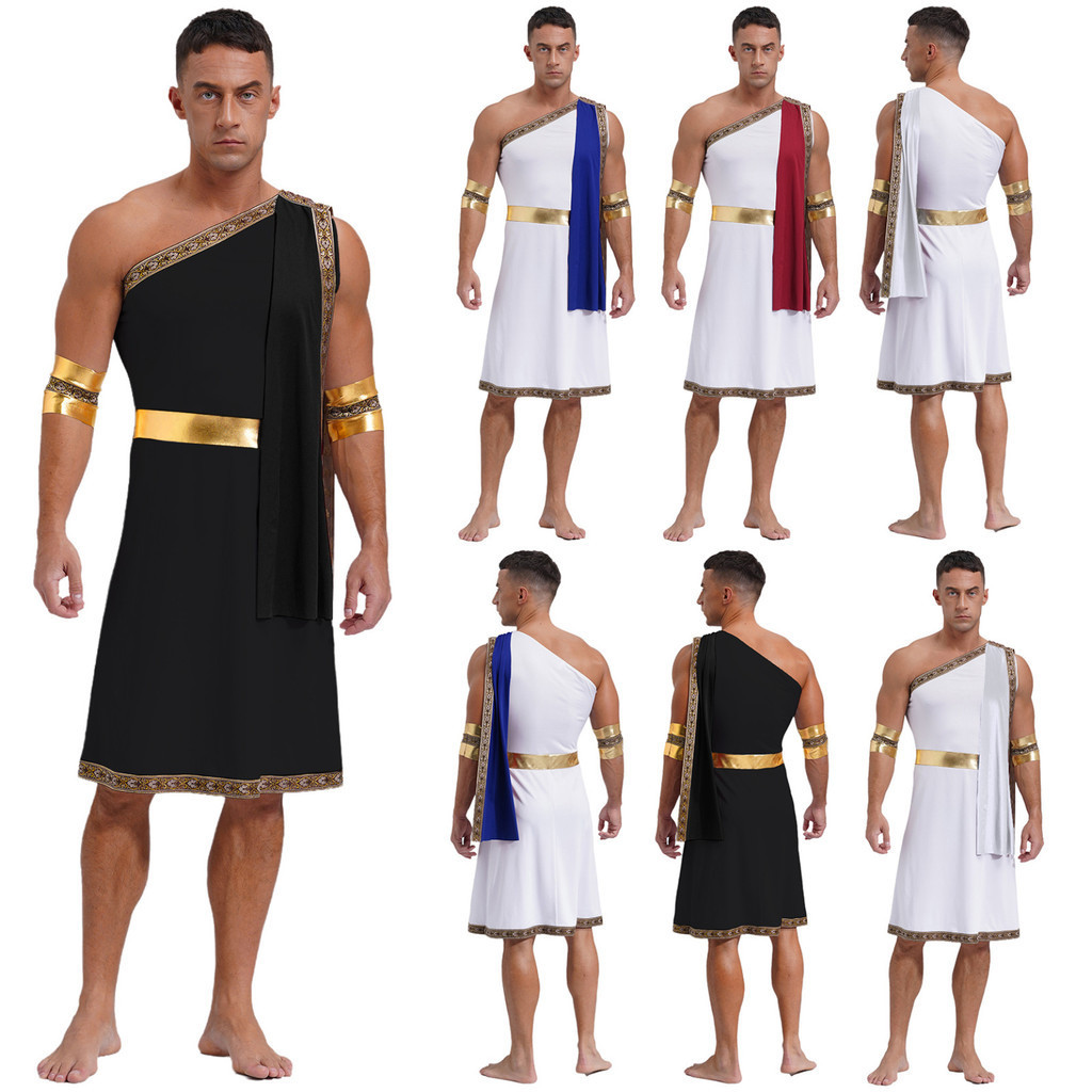 Men Ancient Greek Roman Toga Gown One Shoulder Embroidered Trim Robe ...
