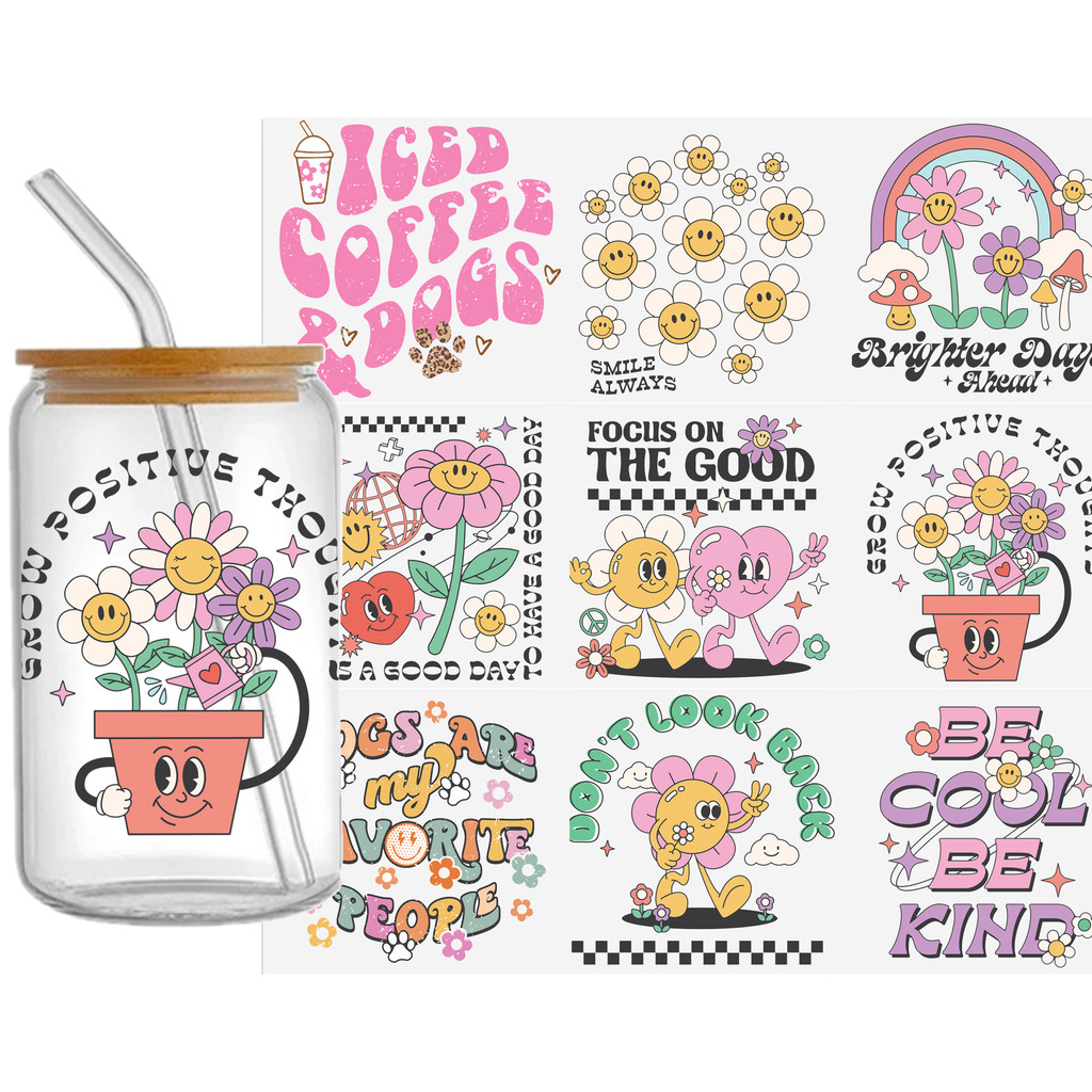Rainbow 16oz Smile DTF Sticker Cups Cool UV Wrap Transfer Sticker ...