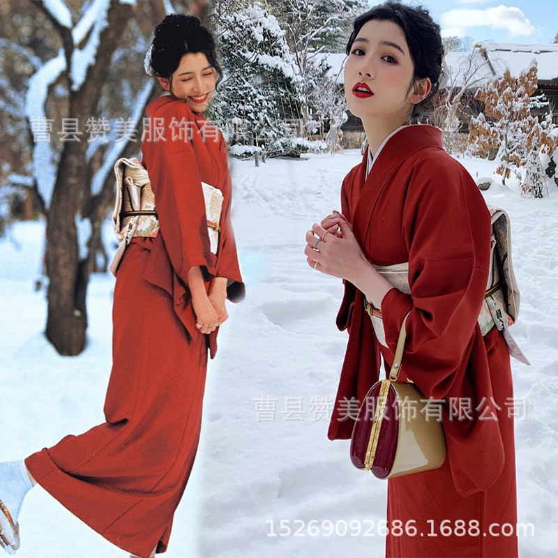 Japanese Kimono Female Formal Wear Traditional Winter Snow Scenery Red ...
