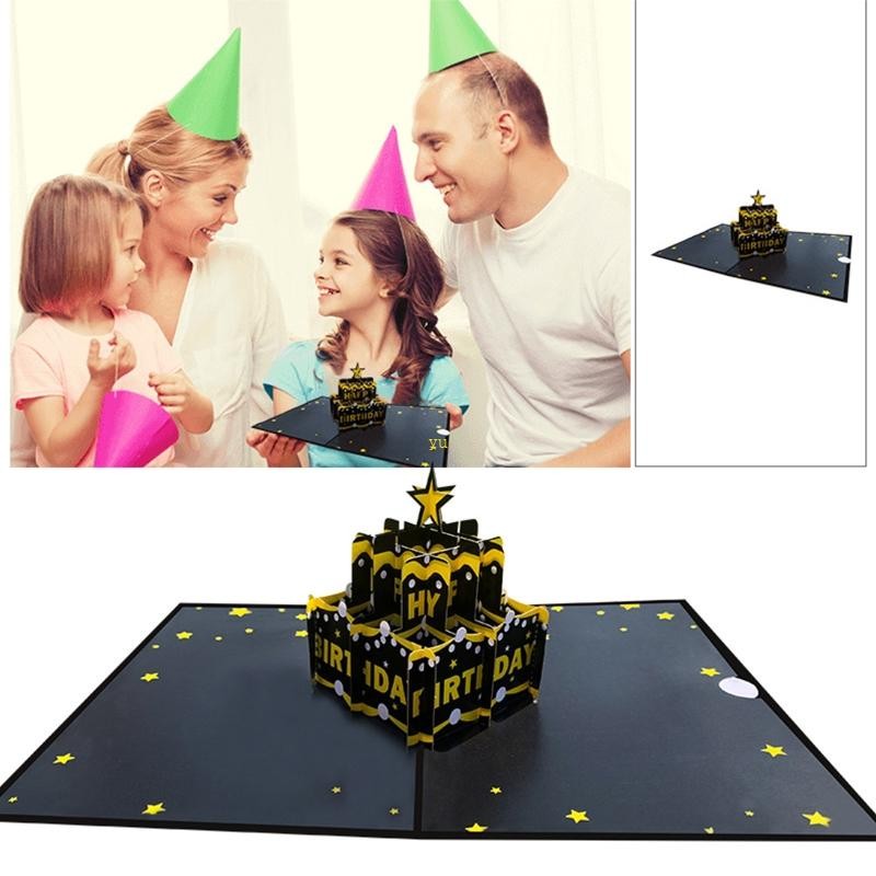 YU 3D Double Layer Pop-Up Card Happy Birthday Cake Black Handmade Paper ...