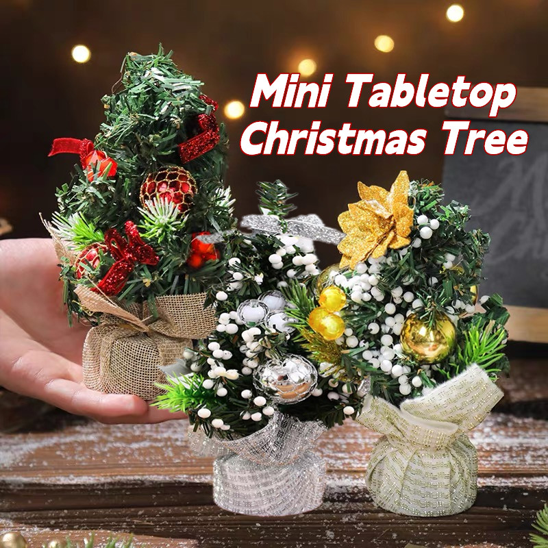Mini Tabletop Christmas Tree with LED Light Ribbon Bow Artificial ...