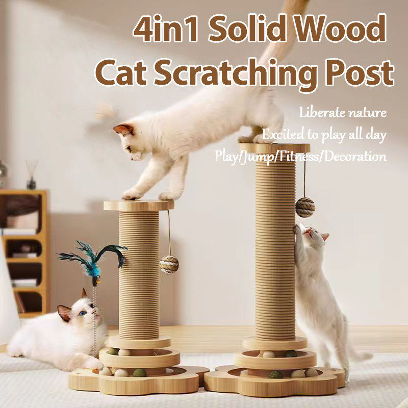 4in1 Solid Wood Cat Scratching Post Natural Sisal Scratcher Interactive ...