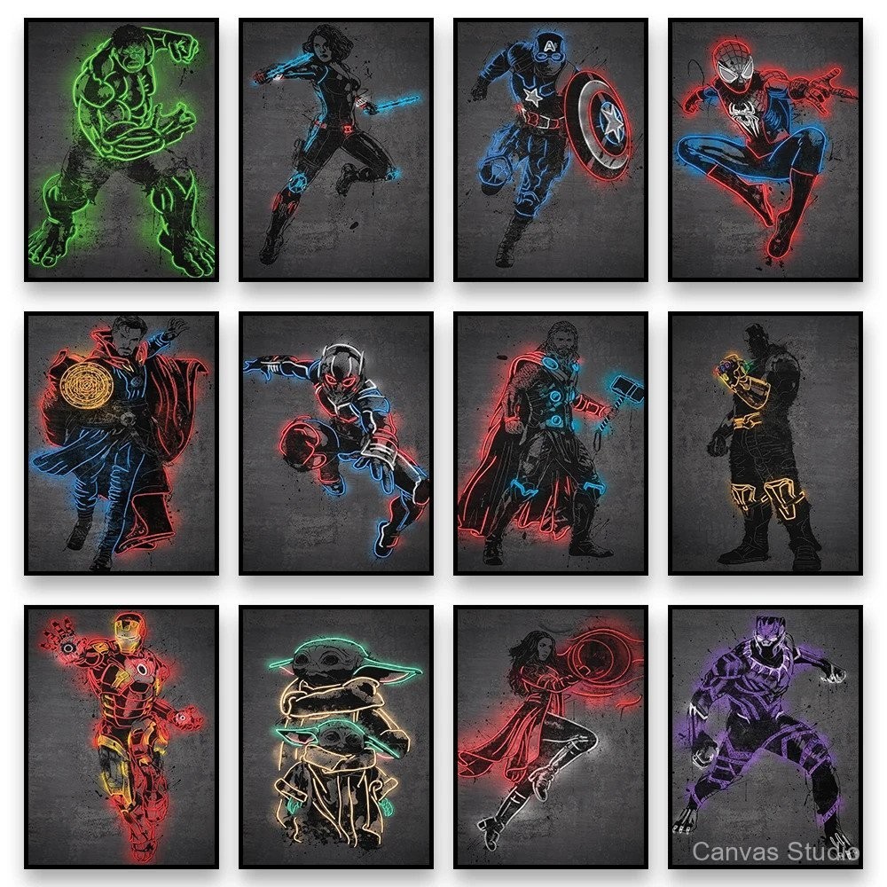 Neon Marvel Comics Canvas Wall Art Spider-Man Hulk Art Mural for Modern ...