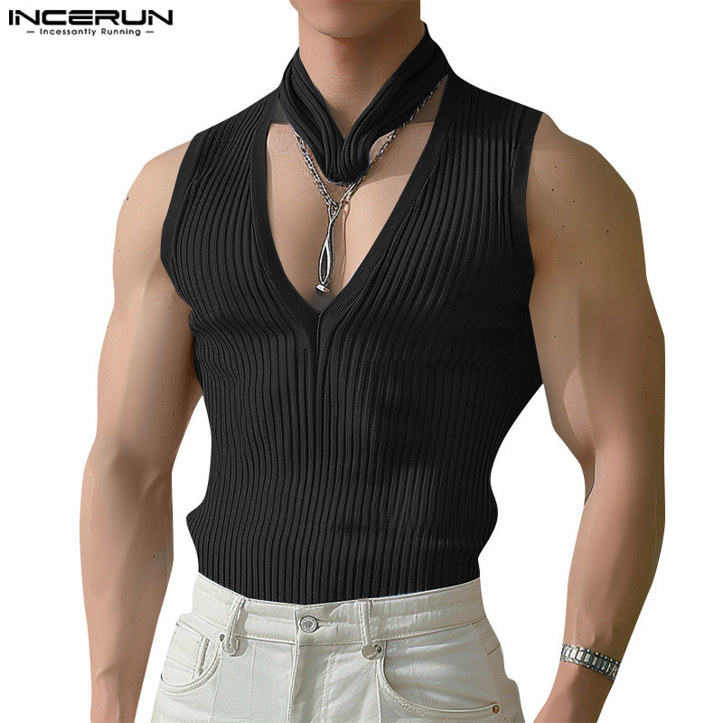 INCERUN Men's fashion striped double neck design V-neck sleeveless vest ...