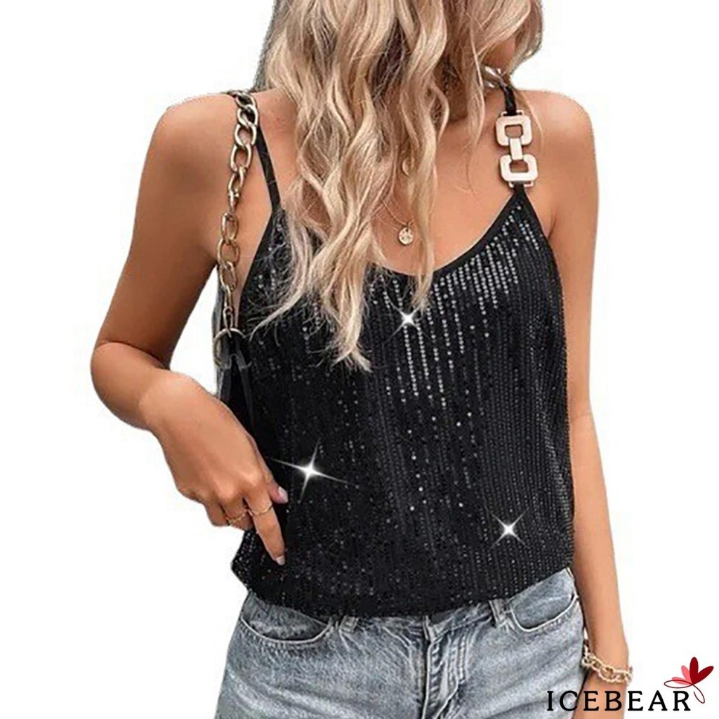 ICE-Women´s Summer Sequin Cami Tops Spaghetti Strap V-Neck Sparkle ...