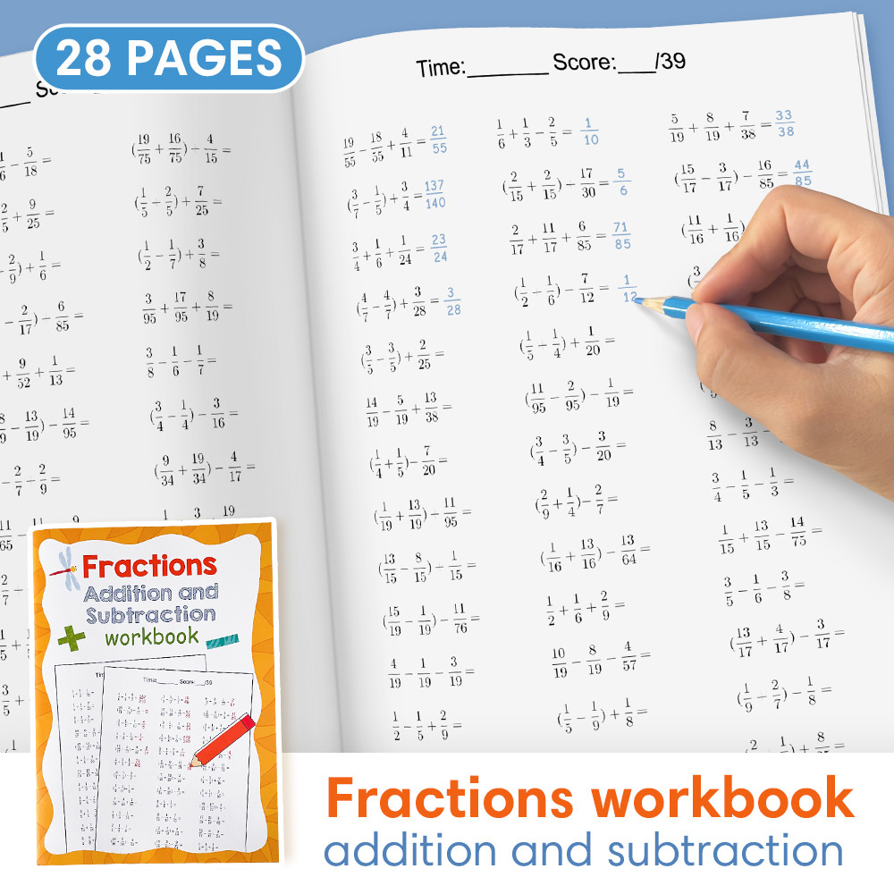 28 Pages Maths Addition Subtraction Fractions Workbook Learning ...