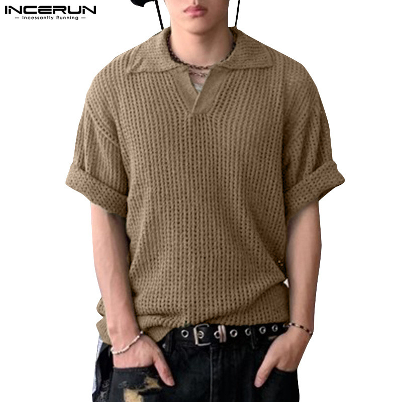 INCERUN Men Korean Mesh Hollowed Turn-Down-Collar Half Sleeve POLO ...