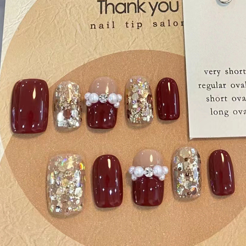 【⚡️Local Delivery】24pcs/Box Fake Nail with Glue Wine Red Flashing ...
