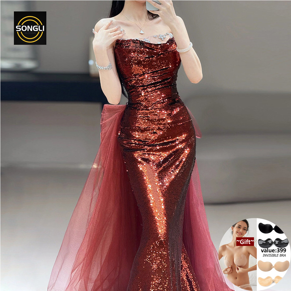 Wine red fish tail evening gown strapless sequin long dress | Shopee ...