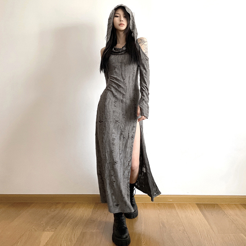 Dune Waste Soil Style Distressed Hooded Dress Elegant Slim Fit Slimming ...
